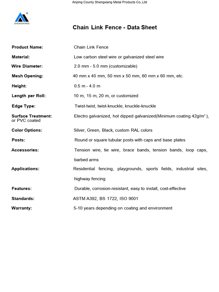 Chain Link Fence Specifications Guide | PDF