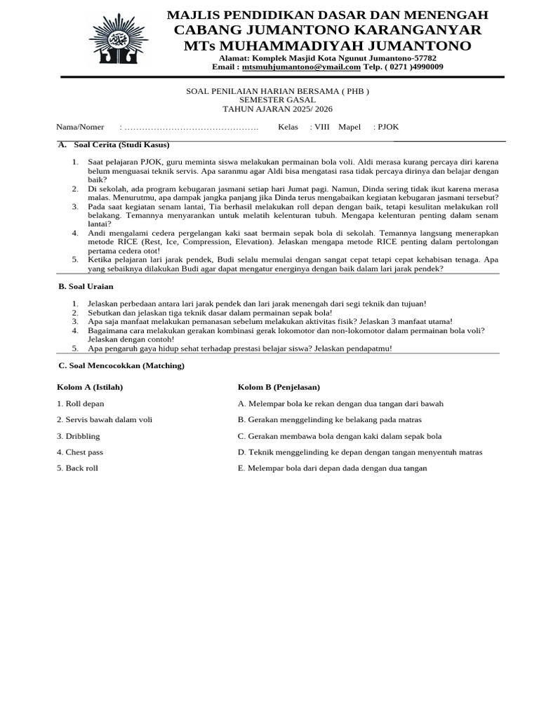 Soal Phb Pjok Kumer Kelas 8 Smt 1 2025 | PDF