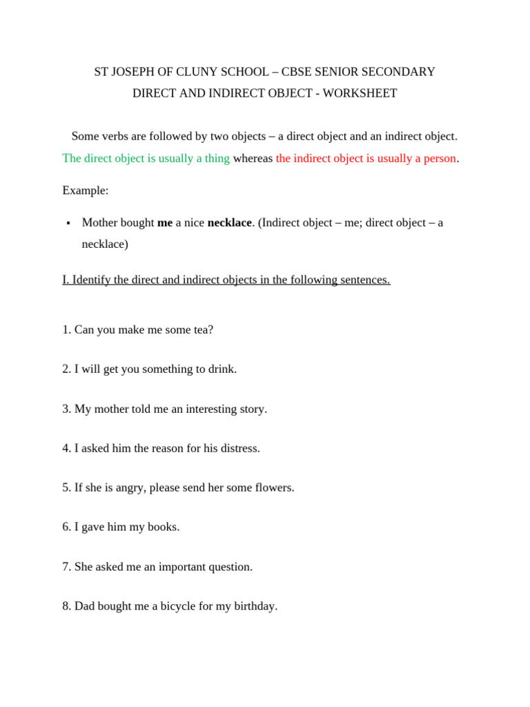 Direct and Indirect Object Worksheet | PDF