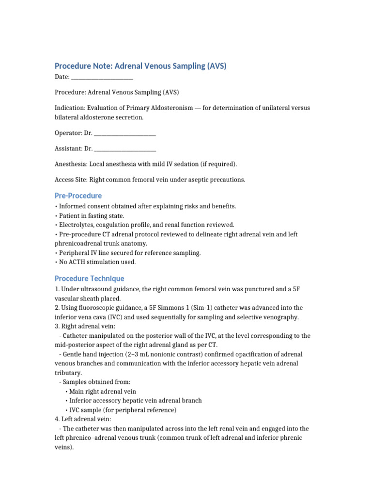 Adrenal Venous Sampling Procedure Note | PDF | Vein | Adrenal Gland