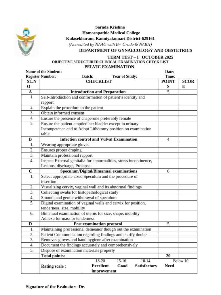 Gynaecology Pelvic Exam Checklist | PDF | Medical Specialties | Women's ...