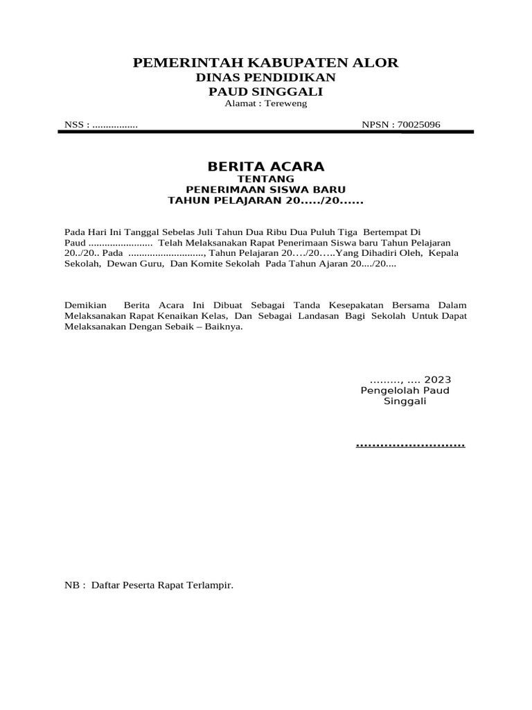 Berita Acara Paud Singgali 2025 | PDF