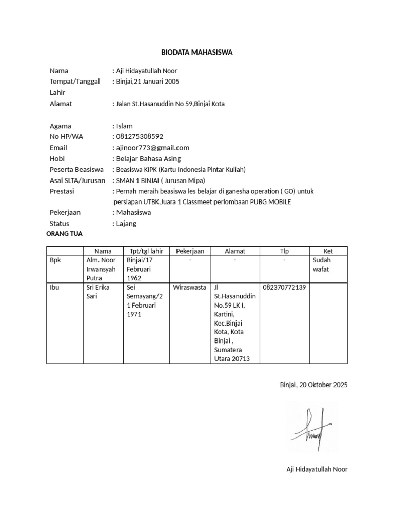 Biodata Mahasiswa Aji | PDF