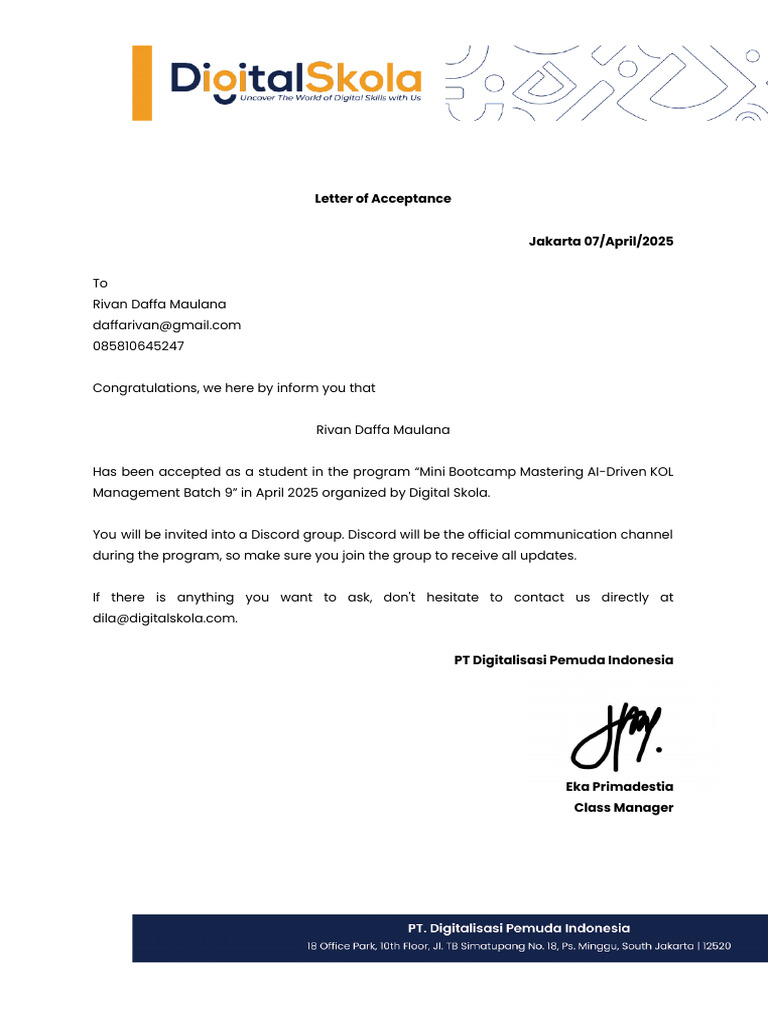 Letter of Acceptance (LoA) Rivan Daffa Maulana | PDF