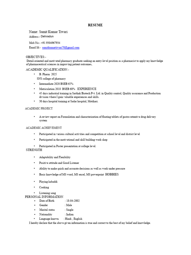 Sumit Kumar Tiwari CV | PDF