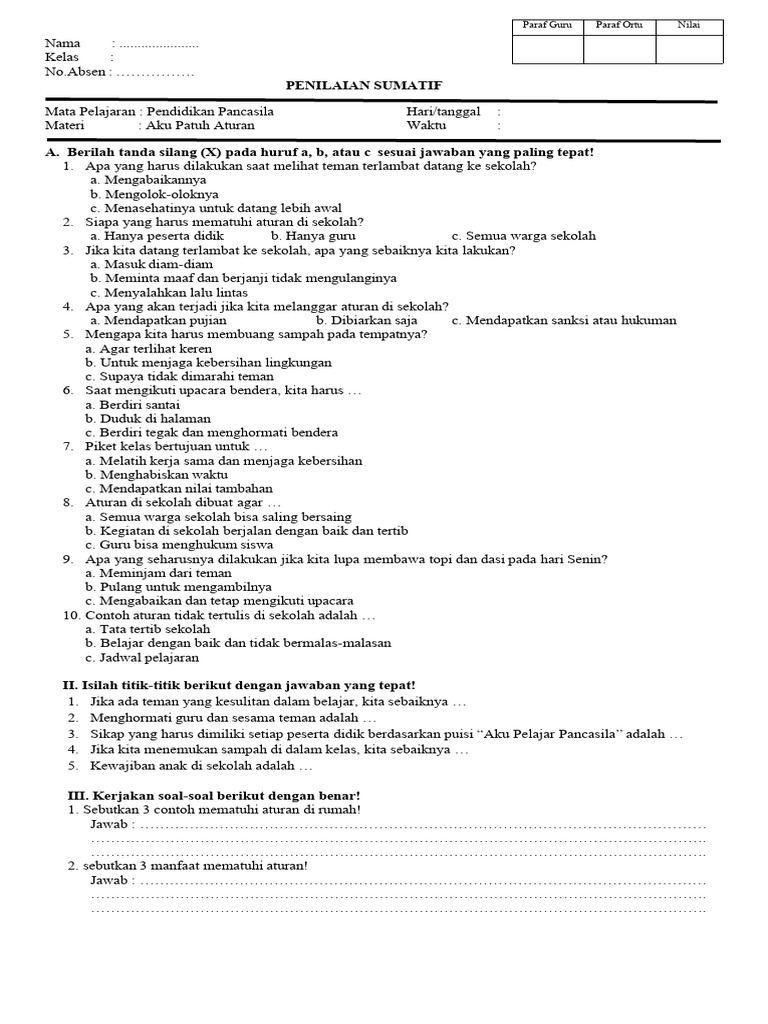 UH AKU PATUH ATURAN - PPKN - Kelas 2 Smester 1 | PDF