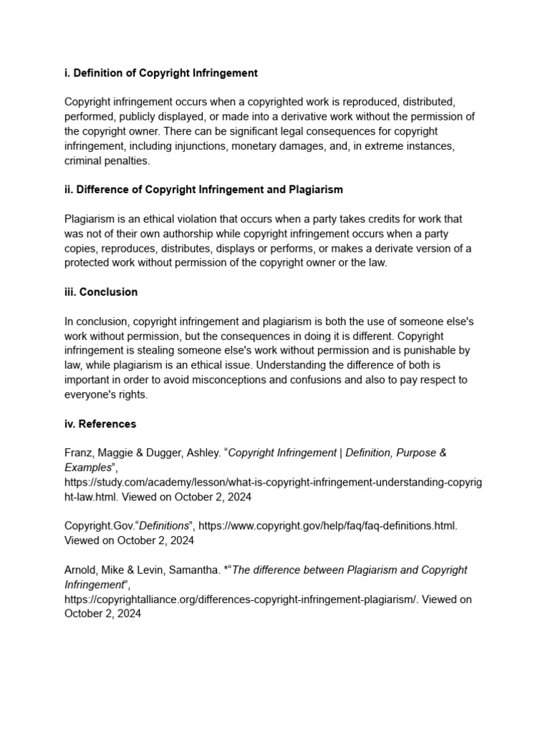 Copyright Infringement vs. Plagiarism Explained | PDF