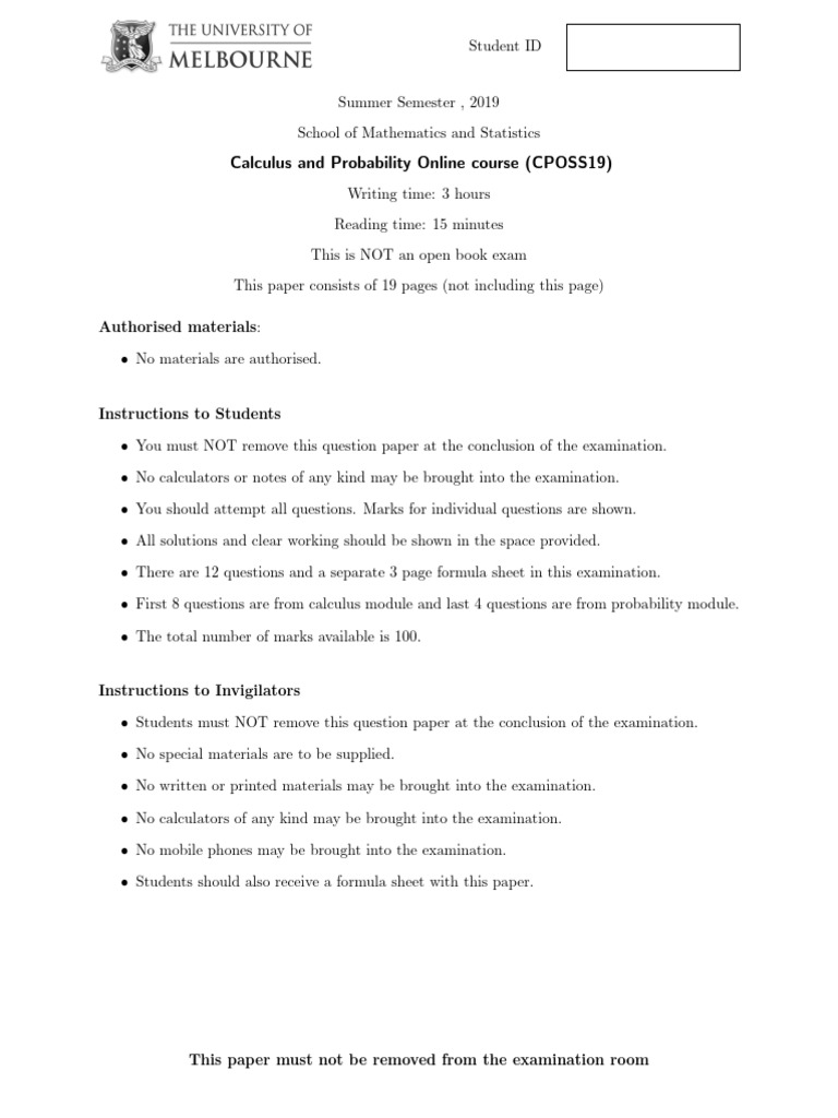 Exam SUMMER Semester Online Calc Prob 2019 | PDF | Probability ...
