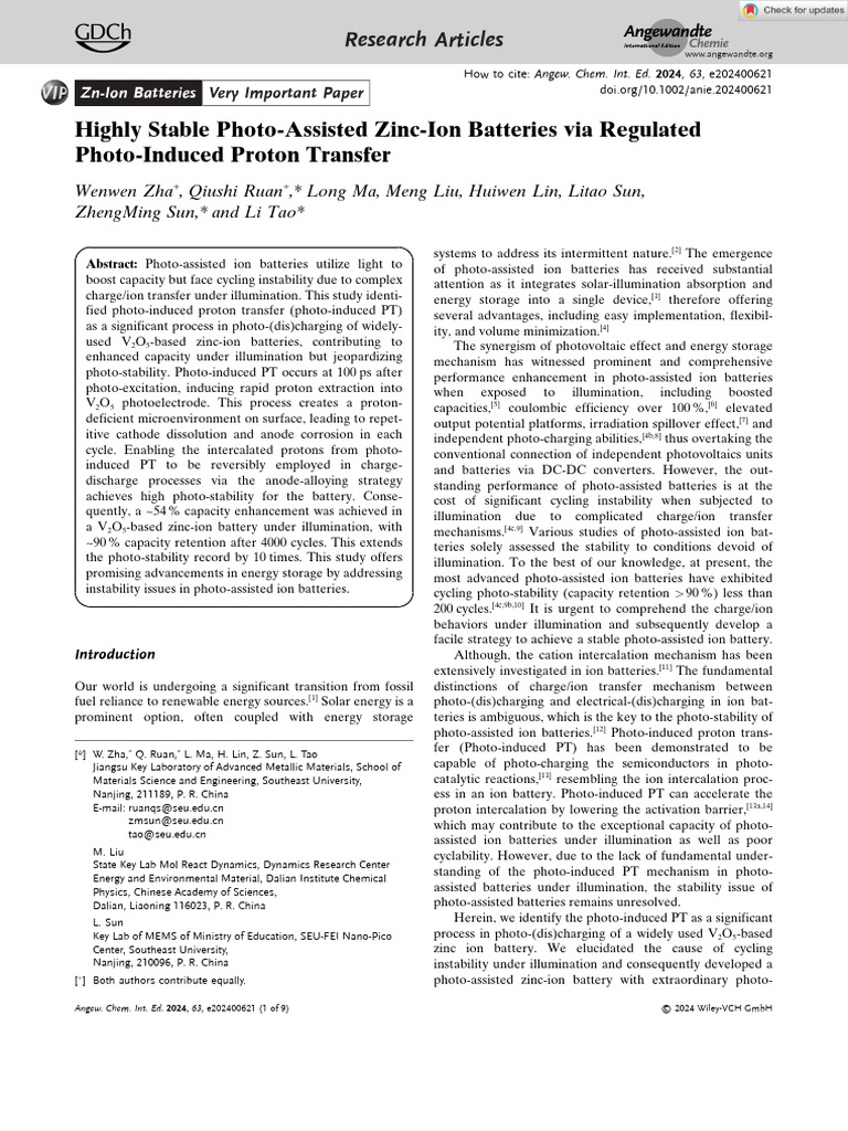 Angew Chem Int Ed - 2024 - Zha - Highly Stable Photo‐Assisted Zinc‐Ion Batteries via Regulated ...