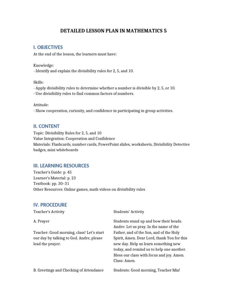 Detailed Lesson Plan Math5 DivisibilityRules | PDF | Mathematics | Thought