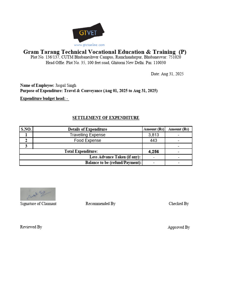 GTVET TADA Claim Form of Aug Month 2025 (Jaspal Singh) | PDF