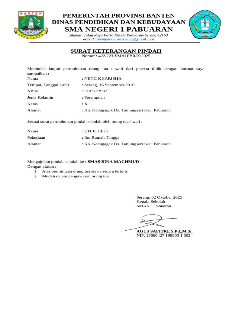 Surat Keterangan Pindah Sekolah Kharisha | PDF