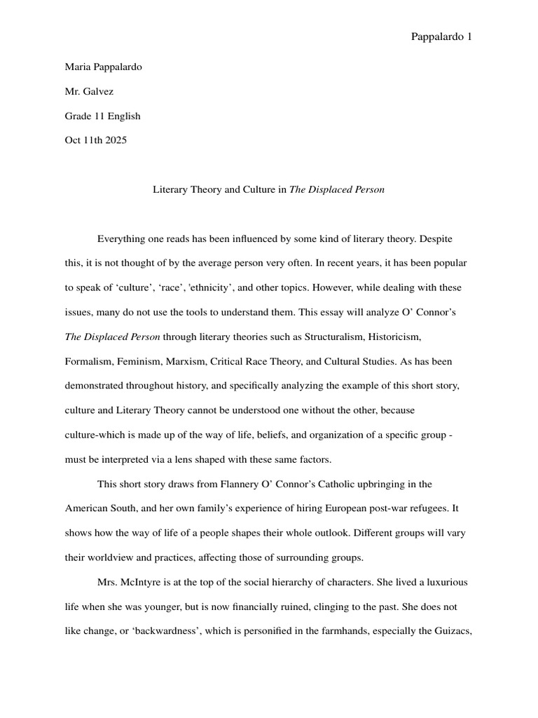Literary Theory and Culture in The Displaced Person Highschool Essay ...