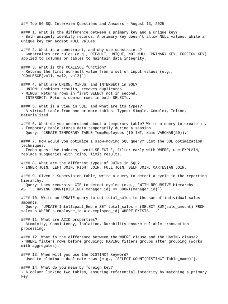 Top 50 SQL Interview Questions | PDF | Sql | Computing