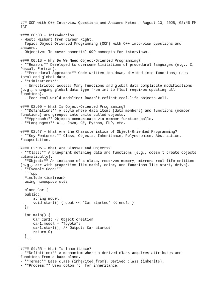 Oop Cpp Interview Notes With Code | PDF | Object Oriented Programming ...