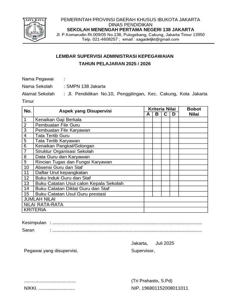 Form Supervisi Tendik Baru | PDF