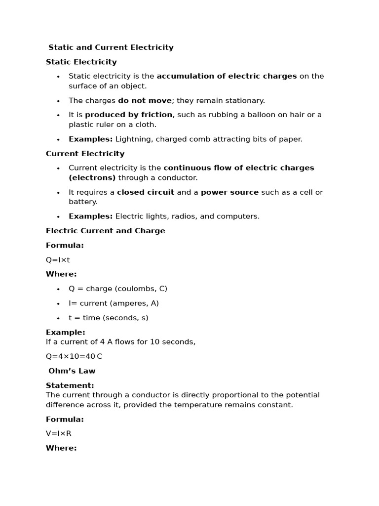 Static and Current Electricity Overview | PDF | Series And Parallel ...