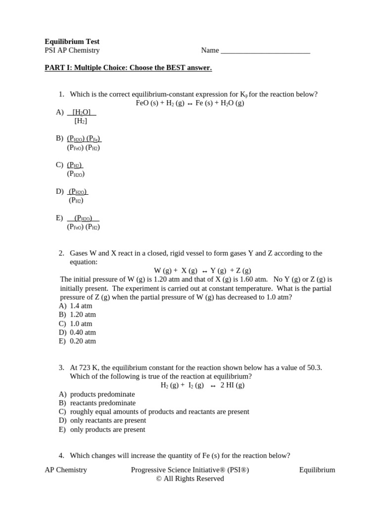 AP Chemistry 22 Equilibrium Test 2022-09-14 | PDF | Chemical ...