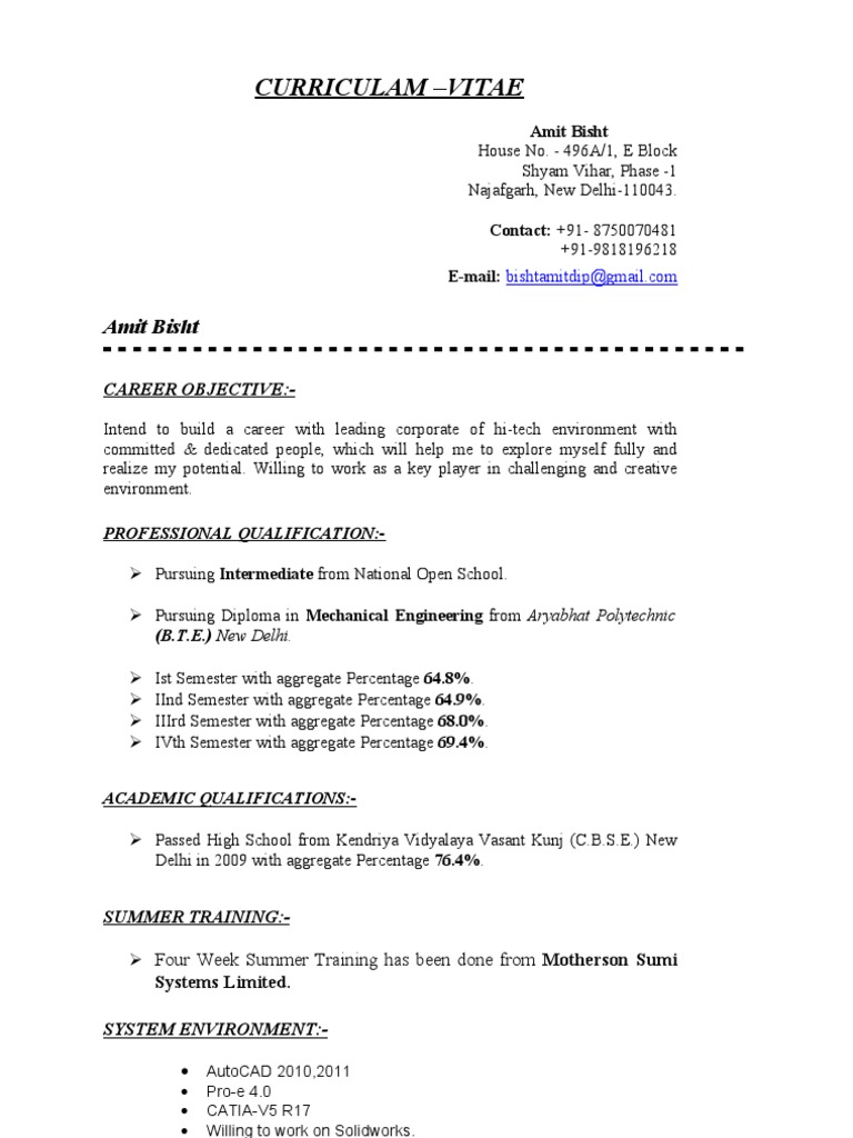 Amit Bisht's Mechanical Engineering CV | PDF | Psychological Concepts ...