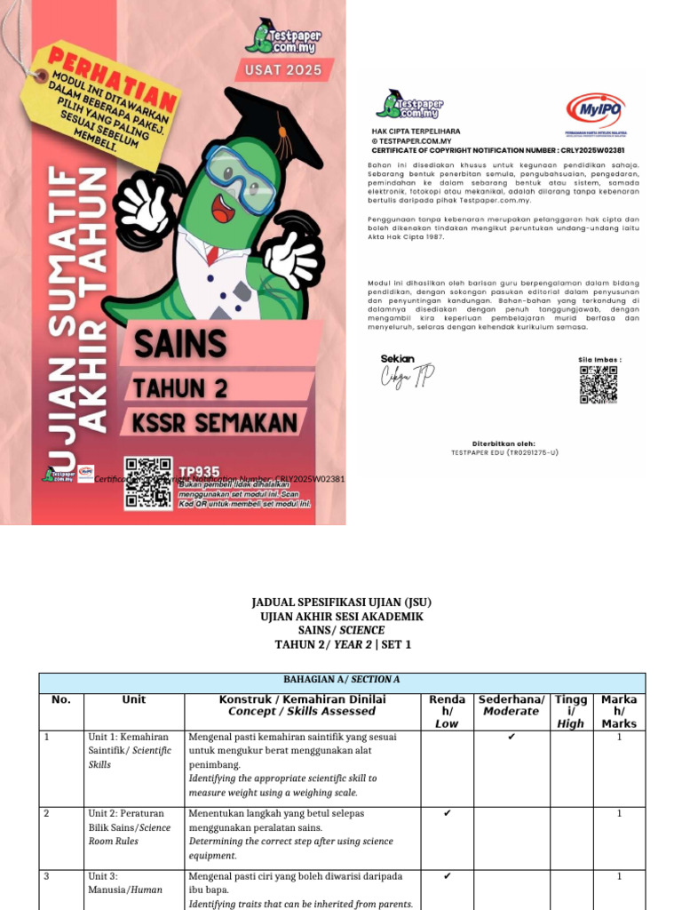 USAT Sains Tahun 2 - Set 1 (JSU) | PDF