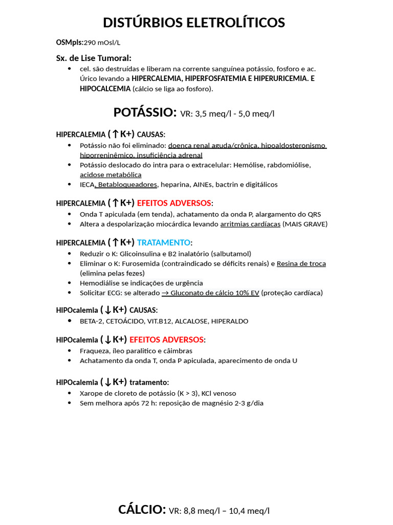 Distúrbios Eletrolíticos: Causas e Tratamentos | PDF | Especialidades ...