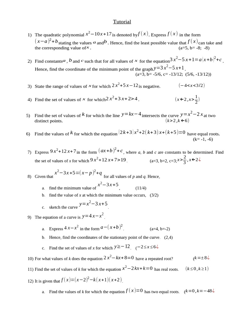 Quadratics Tutorial Pdf Quadratic Equation Abstract Algebra