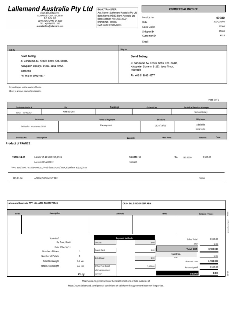 Commercial Invoice - David Tobing - 67508 | PDF | Invoice | Financial ...