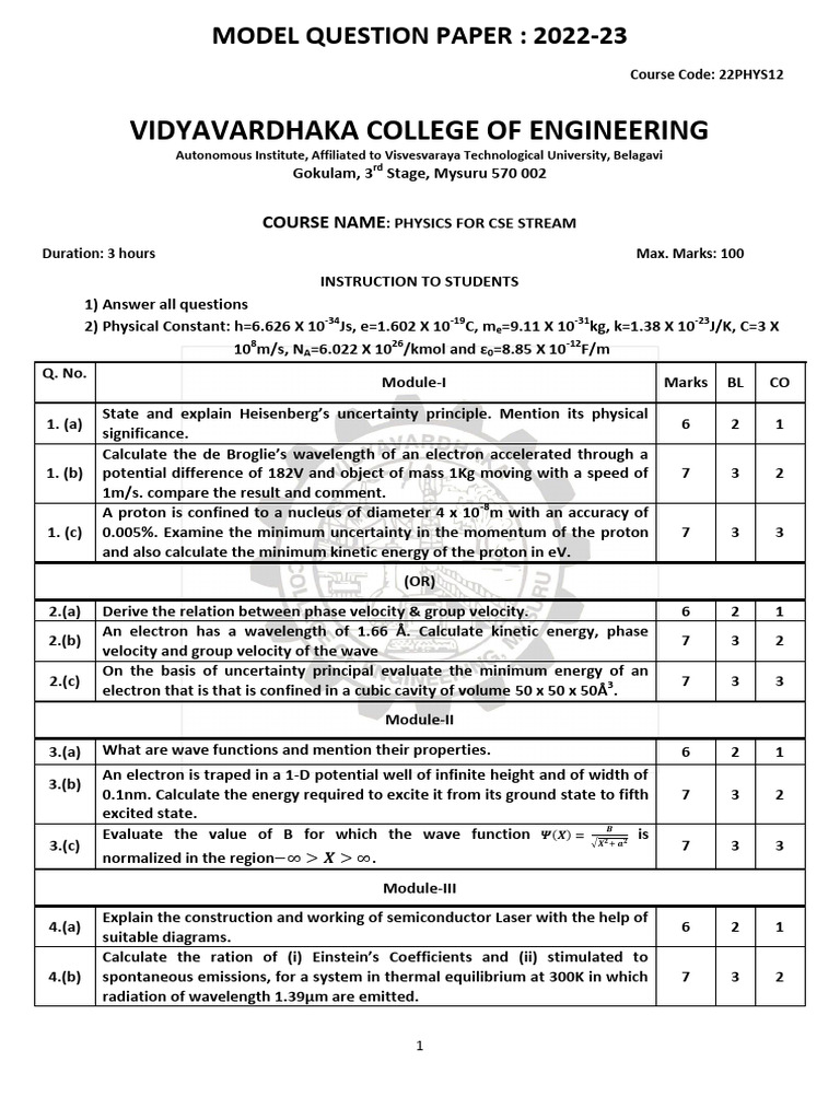 Model Question Paper (SEE - BE - UG) - Physics For CSE Stream (22PHYS12 ...