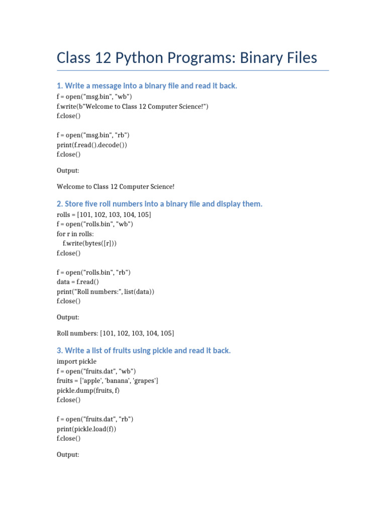 Class 12 Binary File Programs | PDF | Computer Data | Computing