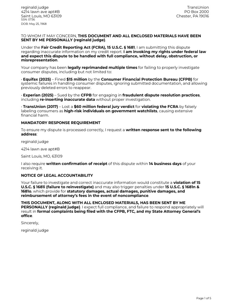 Reginald Judge - TransUnion Attack 3-09-18-2025 | PDF | Credit History ...