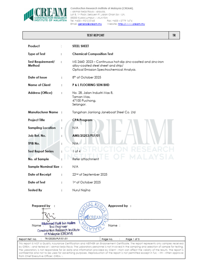 TR - Test Report Chemical Composition - Steel Sheet | PDF