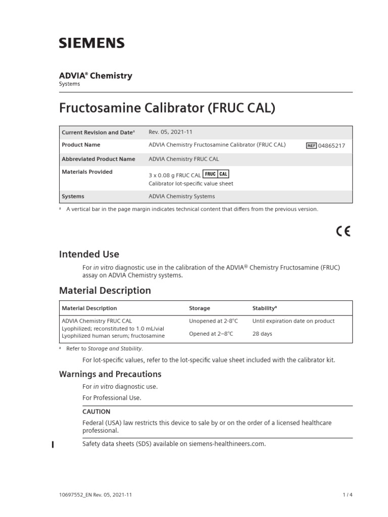 ADVIA Fructosamine Calibrator Guide | PDF | Calibration | Medical Device