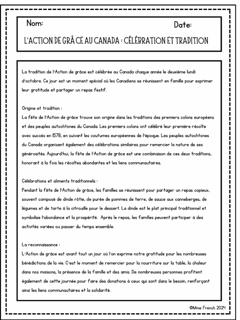 Devoirs Reading Action de Grace | PDF