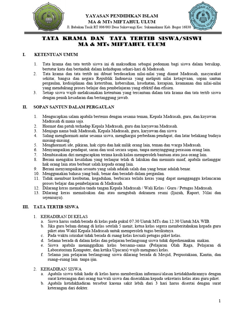 Tata Tertib dan Tata Krama Siswa Miftahul Ulum | PDF