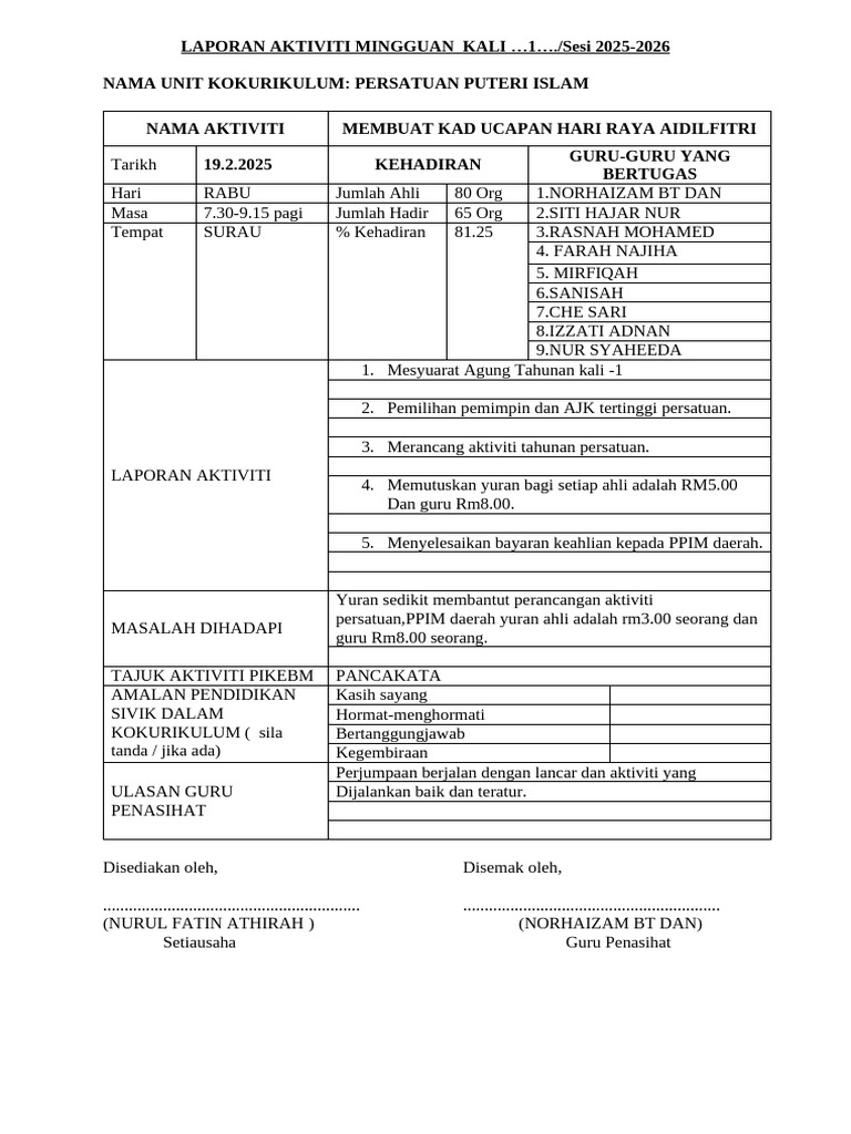 Laporan - Aktiviti - Mingguan - Puteri Islam Kali Ke 1 2025 | PDF