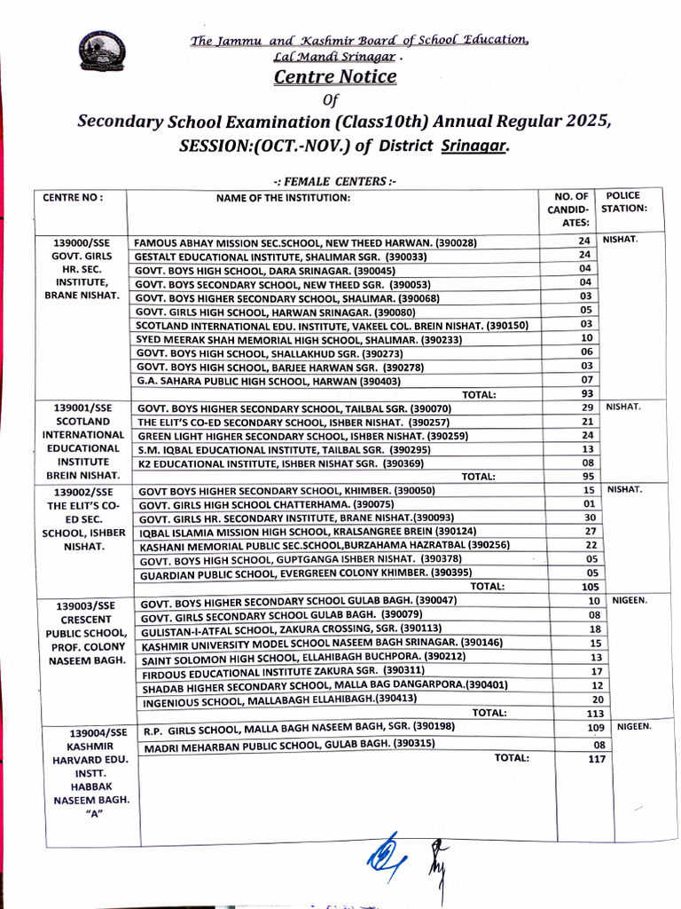 JKBOSE Class 10th Centre Notice 2025 Srinagar District | PDF