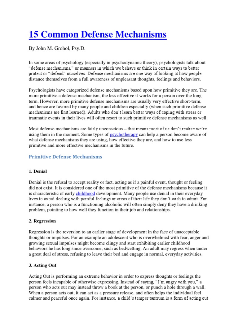 15 Common Defense Mechanisms | PDF | Denial | Anger