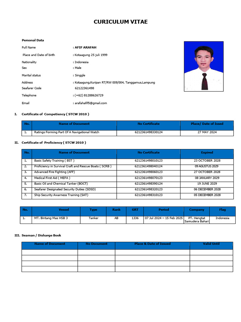 Seafarer CV: Afif Arafah's Qualifications | PDF | Sailor | Water Transport