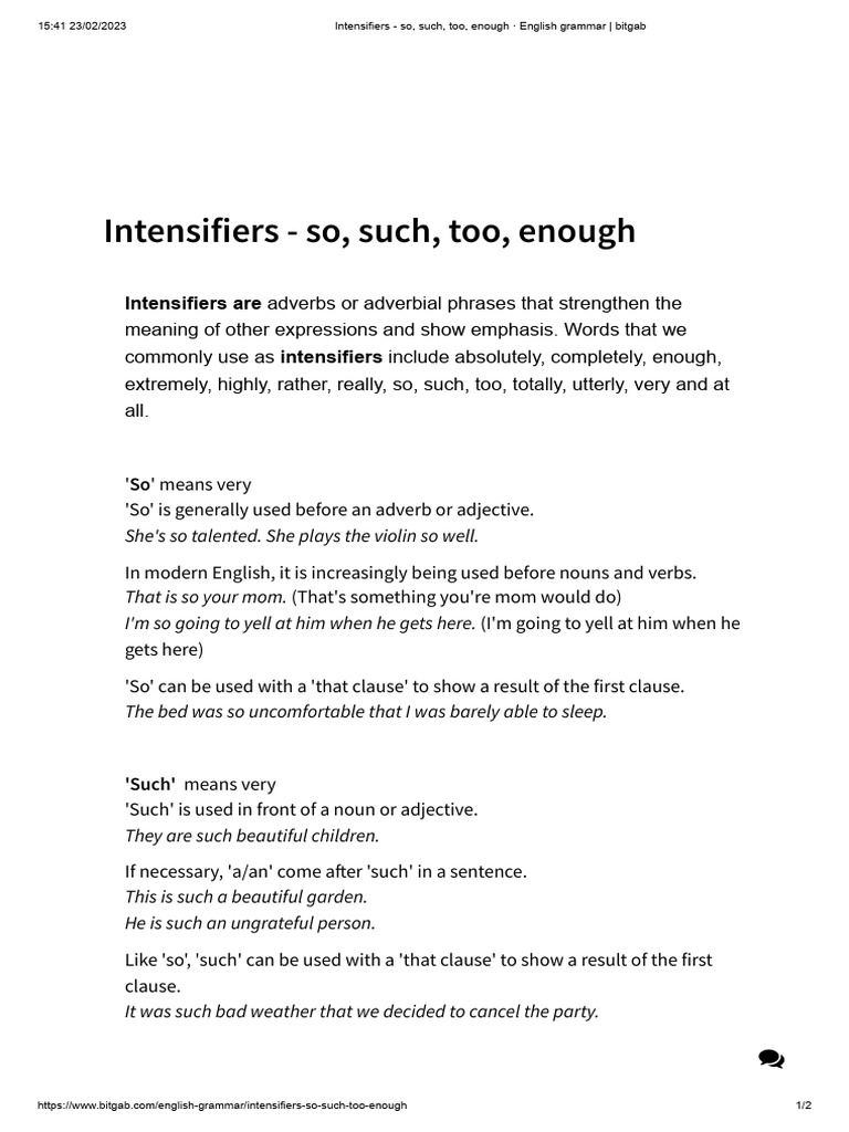 Intensifiers - So, Such, Too, Enough English Grammar - Bitgab | PDF ...
