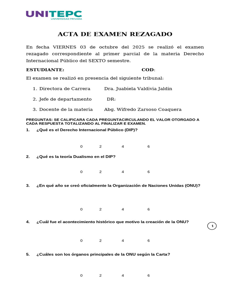 Acta de Examen de Rezagado Oficial Dip | PDF | Naciones Unidas ...