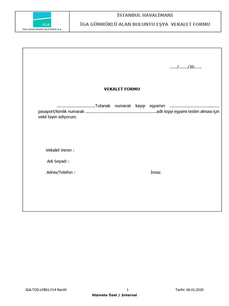 Iga - Tod.lfb01.f14 Gümrüklü Alan Buluntu Eşya Vekalet Formu | PDF