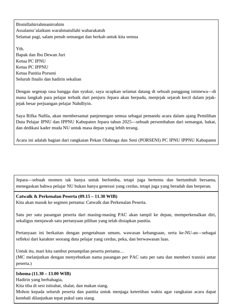 Script MC Duta Pelajar Jepara | PDF