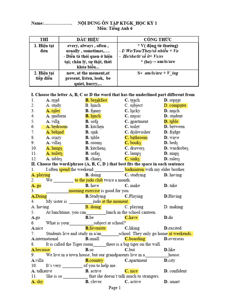 Ôn Tập Kt Gk1 Ta6 - Key | PDF