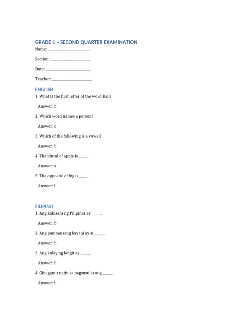 Grade 1 Exam With Answer Key | PDF | Linguistics