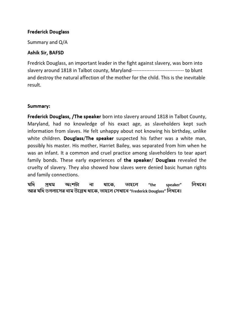 Frederick Douglass Q a and Summary | PDF | Frederick Douglass | Slavery
