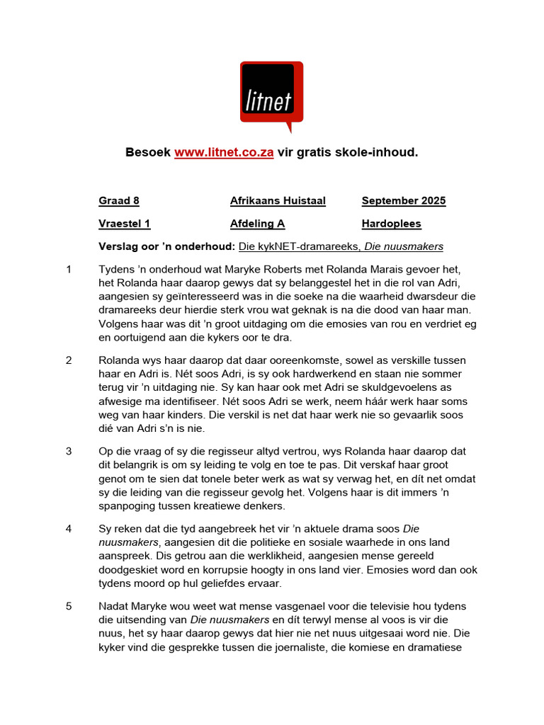 Afrikaans Huistaal LitNet Graad 8 - September 2025 | PDF