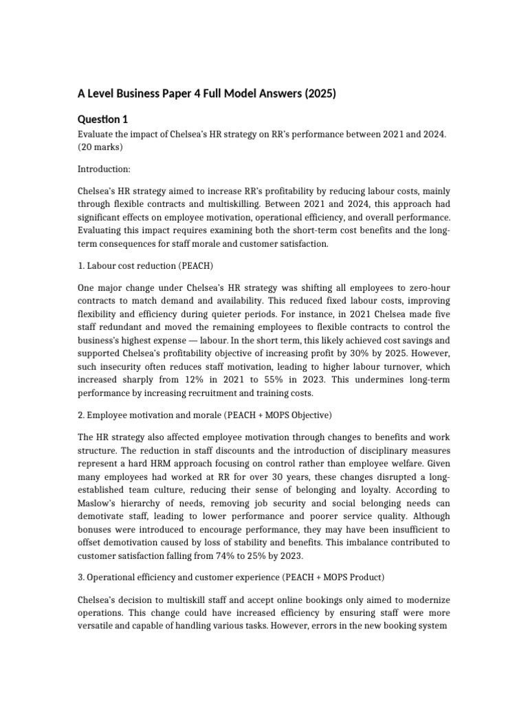 A Level Business Paper4 Full Model Answers 2025 | PDF | Swot Analysis | Strategic Management