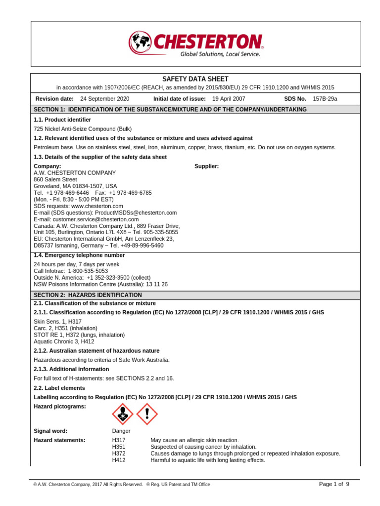 725 Nickel Anti-Seize Compound SDS | PDF | Dangerous Goods | Toxicity
