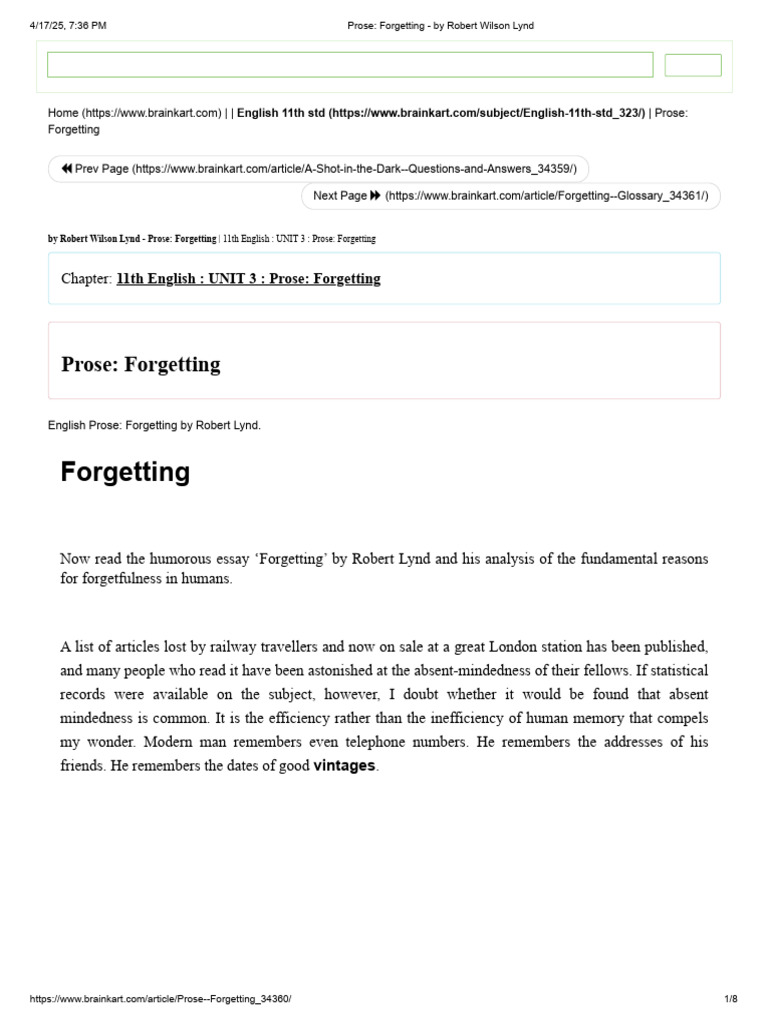 Prose - Forgetting - by Robert Wilson Lynd | PDF | Memory | Nous