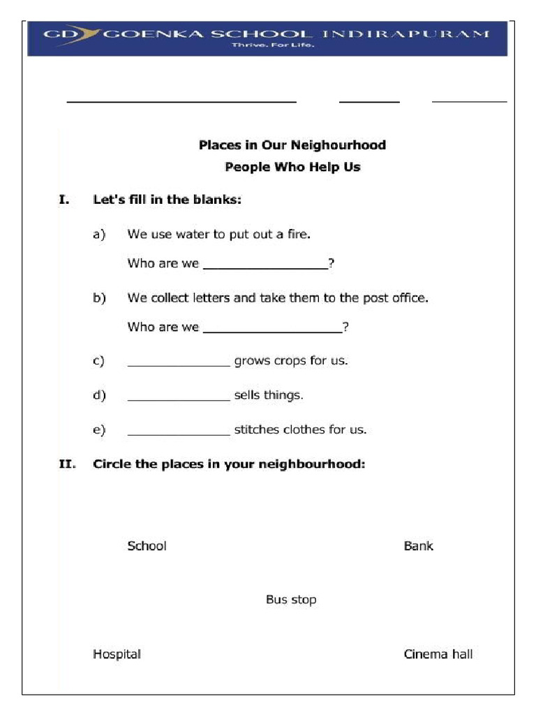 EVS Worksheet Our Neighbourhood | PDF